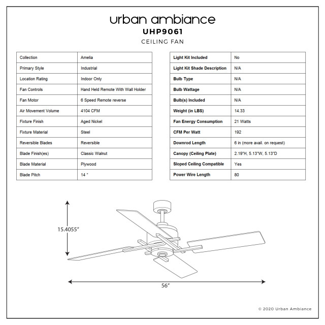 Luxury Urban Loft Ceiling Fan, Aged Nickel, UHP9061, Amelia Collection ...
