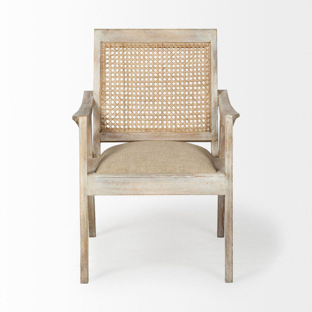 Teryn Cream Linen w/ Natural Solid Wood Base & Mesh Back Accent Chair ...