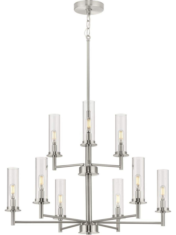 Transitional Pendant Light, Brushed Nickel Frame With 9 Cylindrical ...