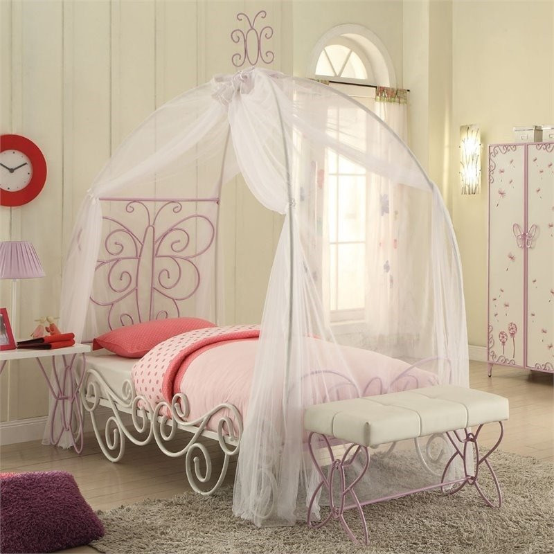 Rosebery Kids Twin Bed with Canopy in White and Light Purple ...