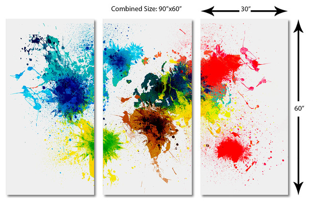 Colorful World Map Canvas Print 3 Panel Split, Triptych Wall Art, 90x60 ...