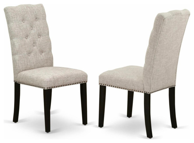 Set of 2 Dining Chair, Black Wooden Legs & Button Tufted Linen Backrest ...