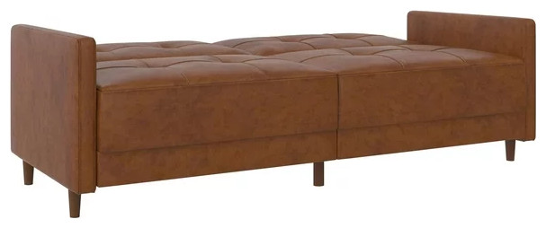 Retro Modern Coil Futon with Camel Faux Leather and Tufted Split Back ...