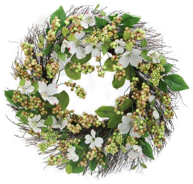 22" Dogwood, Berry Wreath Spring Greenery - Traditional - Wreaths And ...
