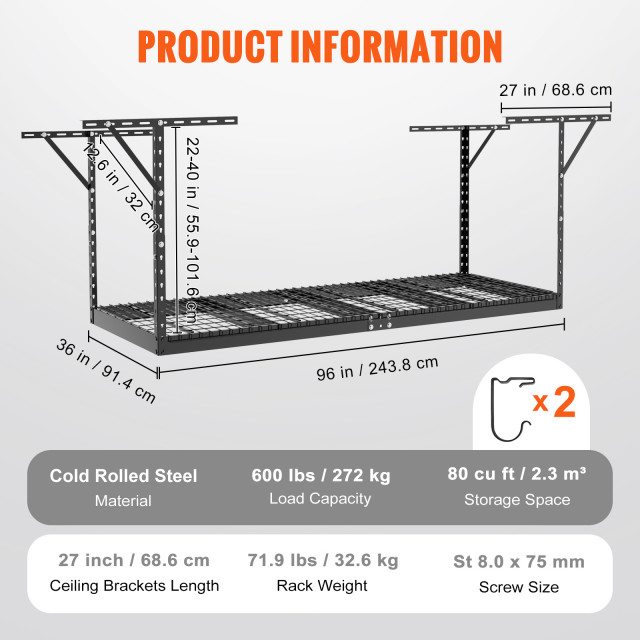 VEVOR Overhead Adjustable Garage Storage Rack 36x96" Ceiling Rack ...