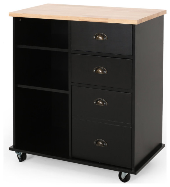 Contemporary Kitchen Cart, 3 Open Shelves & 4 Drawers With Natural Top ...