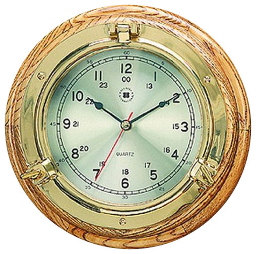 Bey Berk Lacquered Brass Porthole Quartz Clock On Oak Wood - Beach ...