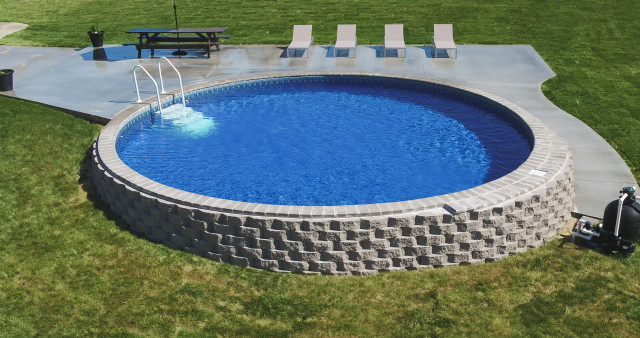 Stealth semi-inground vinyl liner pool w/stacked landscape stone - Pool ...