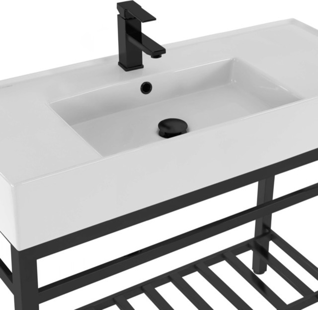 Modern Ceramic Console Sink With Counter Space and Matte Black Base ...