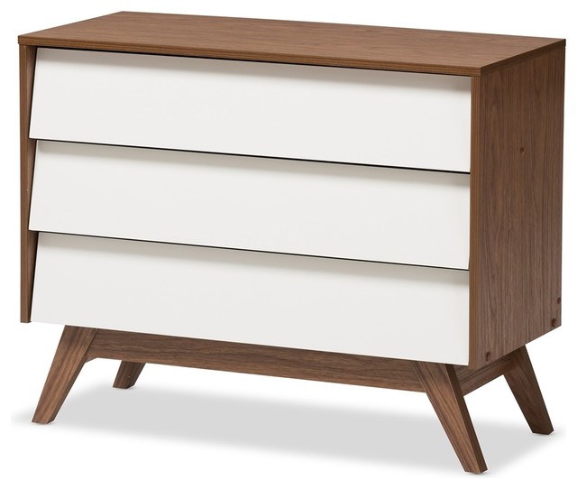 Mid-Century Modern White And Walnut Wood 3-Drawer Storage Chest ...