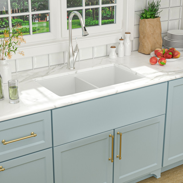 White Farmhouse Undermount Ceramic Kitchen Sink Double Bowl Porcelain ...