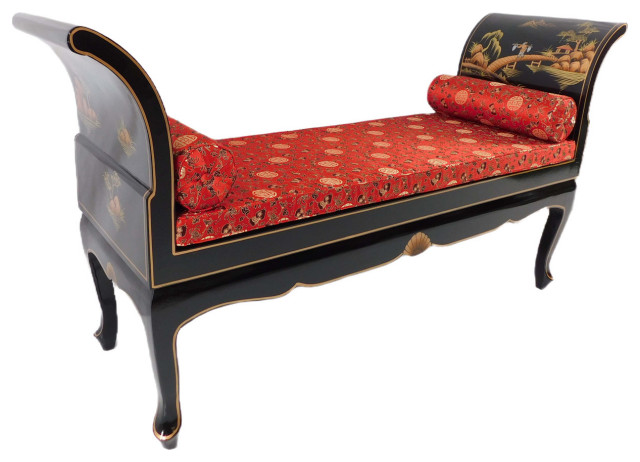 Hand Painted Oriental Bench, Japanese Black Lacquer With French Legs ...