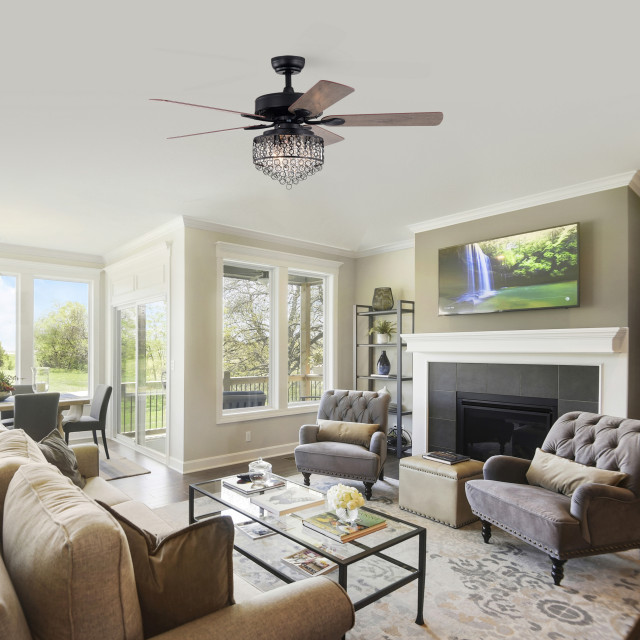 52" Indoor Matte Black Reversible Ceiling Fan with Crystal Cascade ...