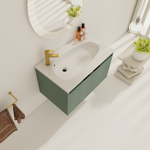 30" Wall-Mounted Bath Vanity Set, Green, Integrated Resin Sink ...