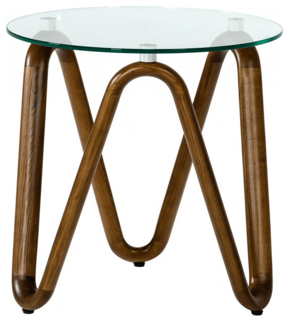 20" Walnut And Clear Glass Solid Wood Ribbon Base Round End Table ...