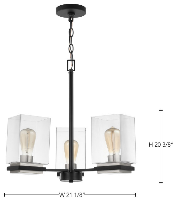 Crossroads 3-Light Chandelier, Matte Black With Clear Glass ...