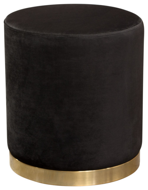 Round Accent Ottoman Black Velvet Gold Metal Band Accent