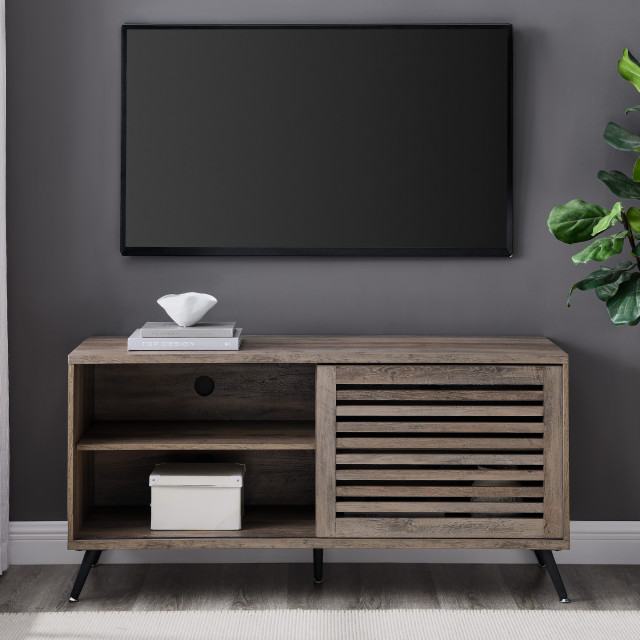 Modern Sliding Slat Door TV Stand for TVs up to 58", Gray Wash ...