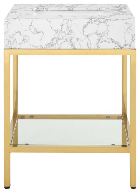 Faux White Marble Bathroom Vanity, Glass Shelf Single Sink Glam Gold ...