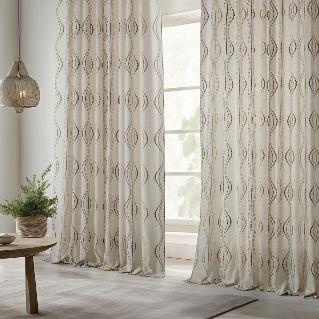 Suez Bronze Embroidered FauxLinen Sheer Curtain Single Panel, 50"x84 ...