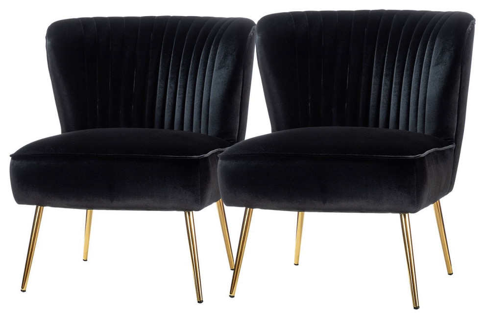 Set of 2 Accent Chair, Angled Legs With Velvet Seat & Channeled Back ...