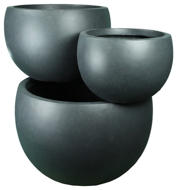 3 Piece Sophisticated FIBER CLAY ROUND POT, Gray - Industrial - Outdoor ...