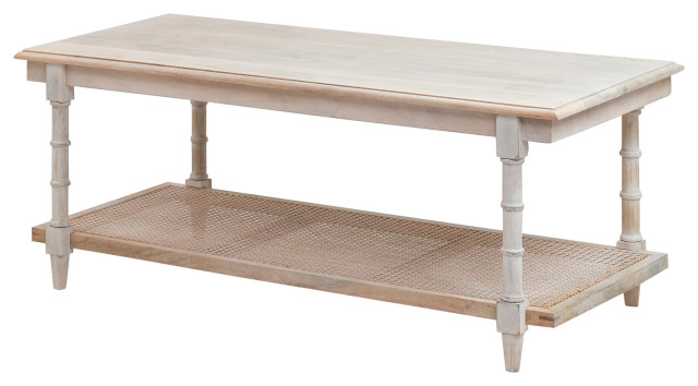 Chesterfield Wood & Cane Display Coffee Table With Turned Legs, Whitewash - French Country ...
