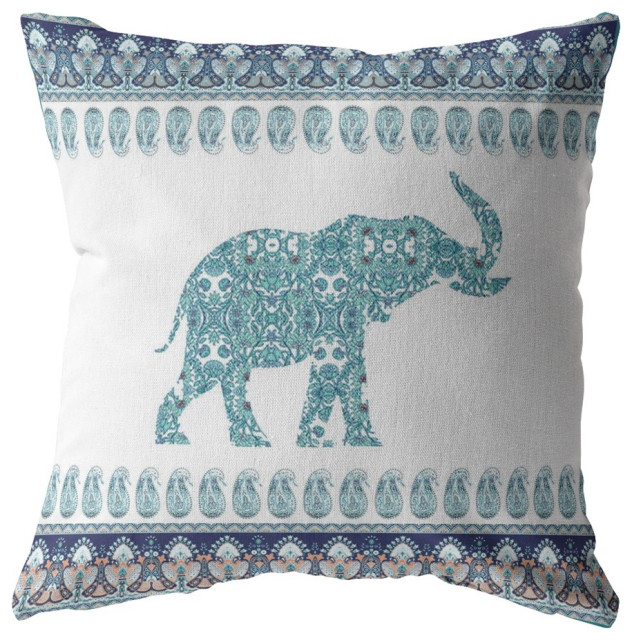 26" Teal Ornate Elephant Indoor Outdoor Zippered Throw Pillow ...