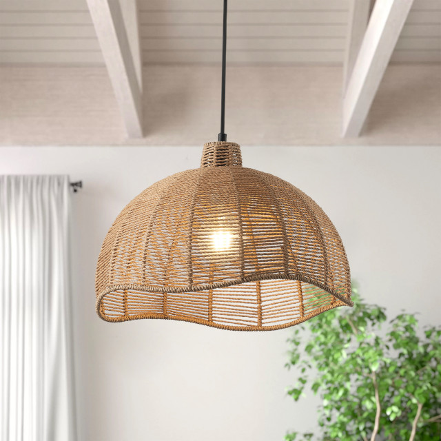 Farmhouse Brown 1-Light Woven Paper Rope Pendant Lighting Fixture ...