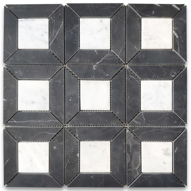 Carrara White Marble Square Doheny Mosaic Tile Marquina Black Honed, 1 ...