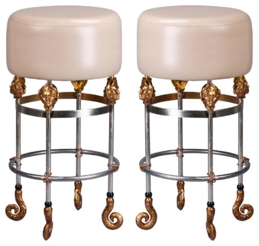 Home Square 31" Tall Leather and Steel Bar Stool in Gold & Putty - Set ...