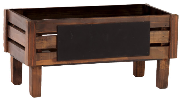 Wooden Crate with Stained Black Label and Block Legs, Black and Brown ...