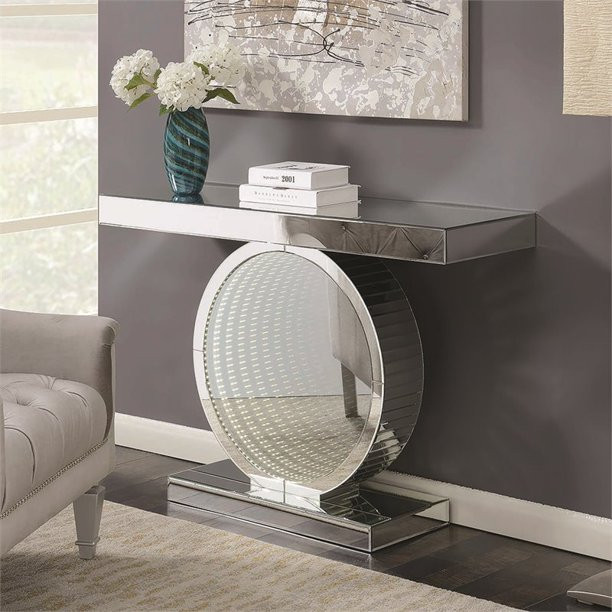 Contemporary Console Table, Mirrored Design With Circular Base & LED ...