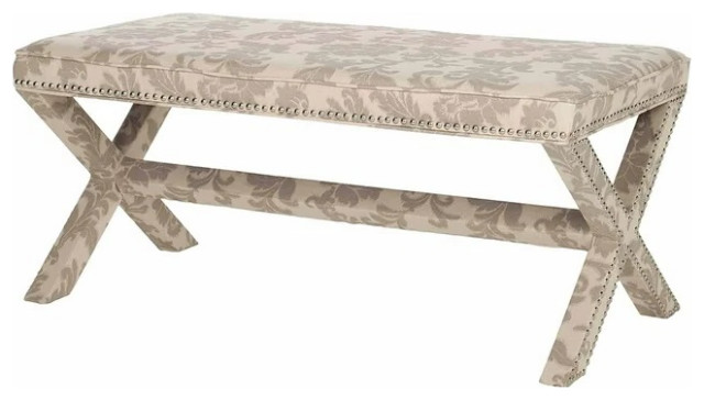 Unique Upholstered Bench with Crossed Legs and Leaf Pattern Upholstery ...