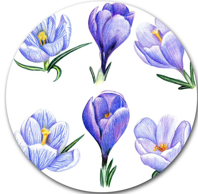 Hand-Drawn Crocuses, Floral Art Painting Large Disc Metal Wall Art ...