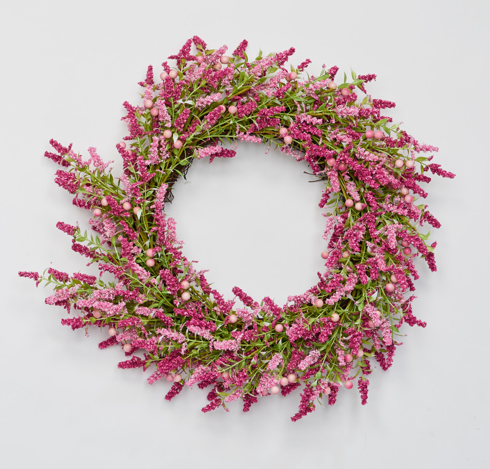 22" Heather Wreath With Berries On Natural Twig Base - Modern - Wreaths ...
