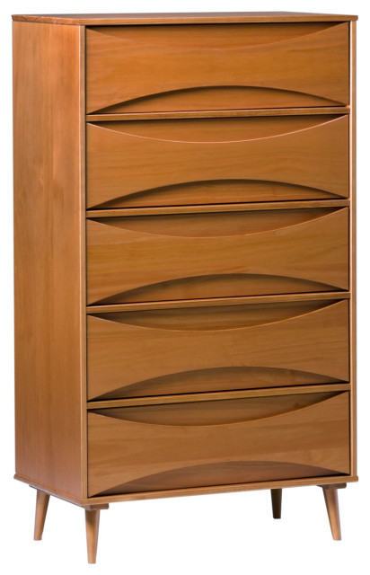 Retro Modern Vertical Dresser, 5 Spacious Drawers With Curved Details, Caramel - Midcentury ...