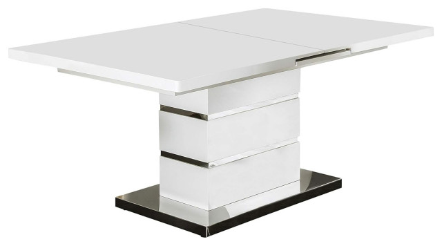 Contemporary Dining Table, Metal Base With Expandable Wood Top, White ...