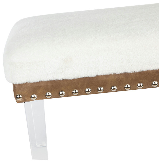 Brianna Modern Luxury Faux Fur Upholstered Bench with Clear Legs - Snow ...