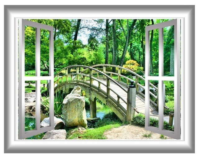 VWAQ Bridge Wall Decal 3D Forest Wall Cling Peel and Stick Window Mural ...