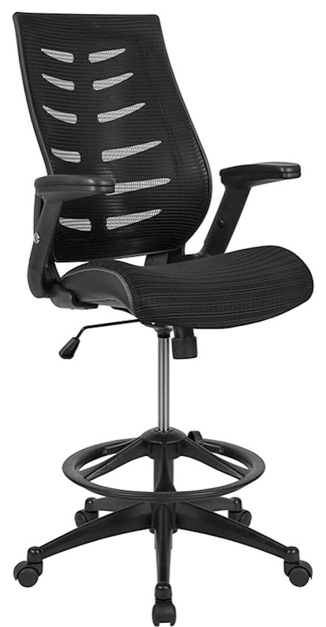 Flash 28" Drafting Chair/Adj Foot Ring/Flip-Up Arms, Black ...