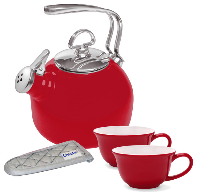 Chantal Red Enamel-on-Steel 1.8 qt Teakettle with Two 8 oz Tea Lover's ...