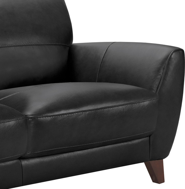 Jedd Contemporary Sofa, Genuine Black Leather With Brown Wood Legs ...