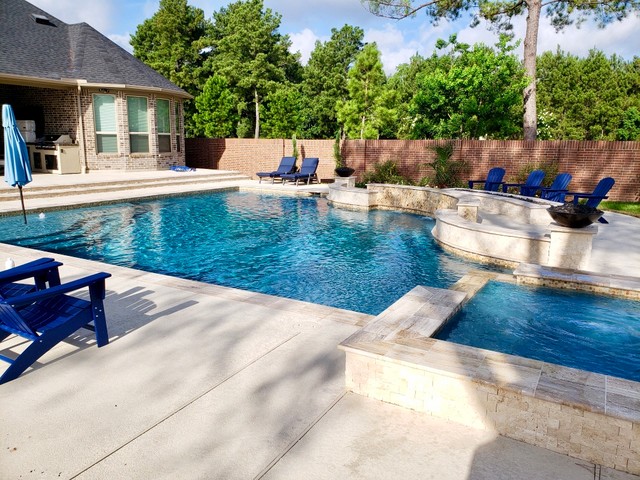 Travertine Pools with Raised Beam Walls - Swimming Pool & Hot Tub ...