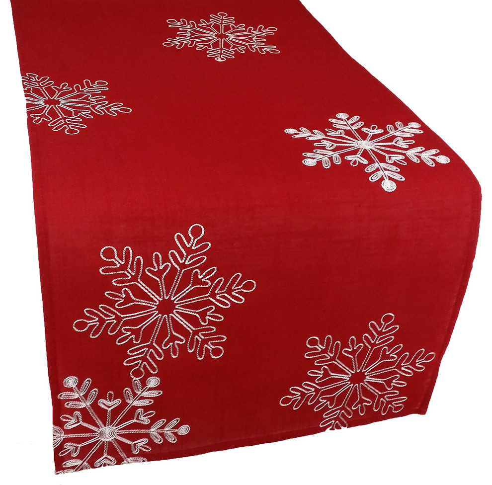 Christmas Red Table Runner Embroidered With White Snowflakes, 15x90 ...