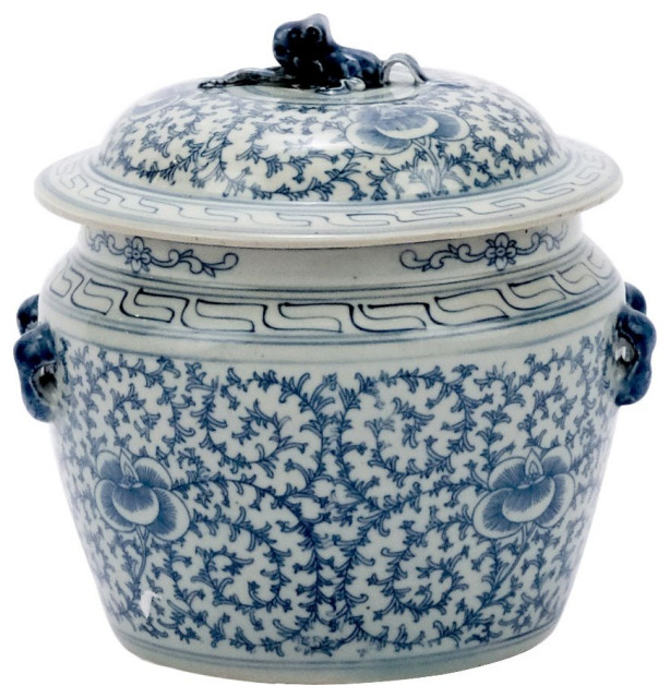 Blue & White Lidded Rice Jar Floral Motif - Asian - Decorative Jars And ...