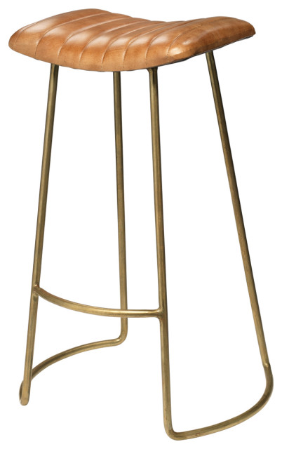 Vintage Style Curved Leather Seat Bar Stool Buff Brown Retro Ribbed ...