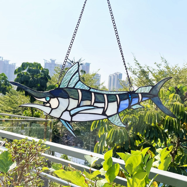 Chloe Lighting Swordfish Animal-Style Stained Glass Window Panel 16" Wide - Modern - Stained ...