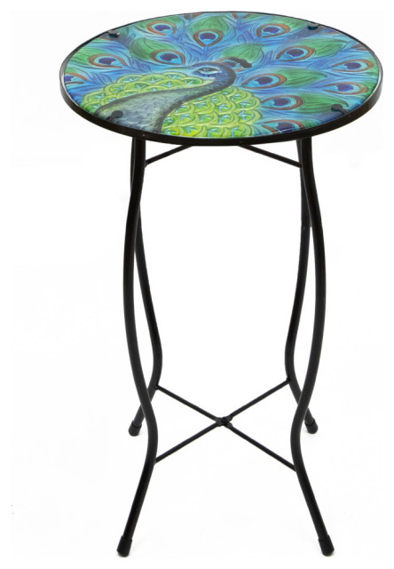 19" Blue and Green Peacock Glass Patio Side Table - Tropical - Outdoor ...