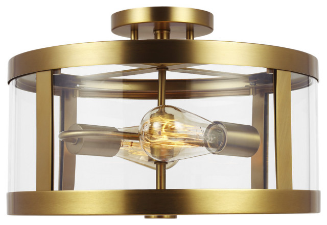 Harrow Semi Flush Mount, 2-Light, Burnished Brass, Clear Shade, 15" Dia ...